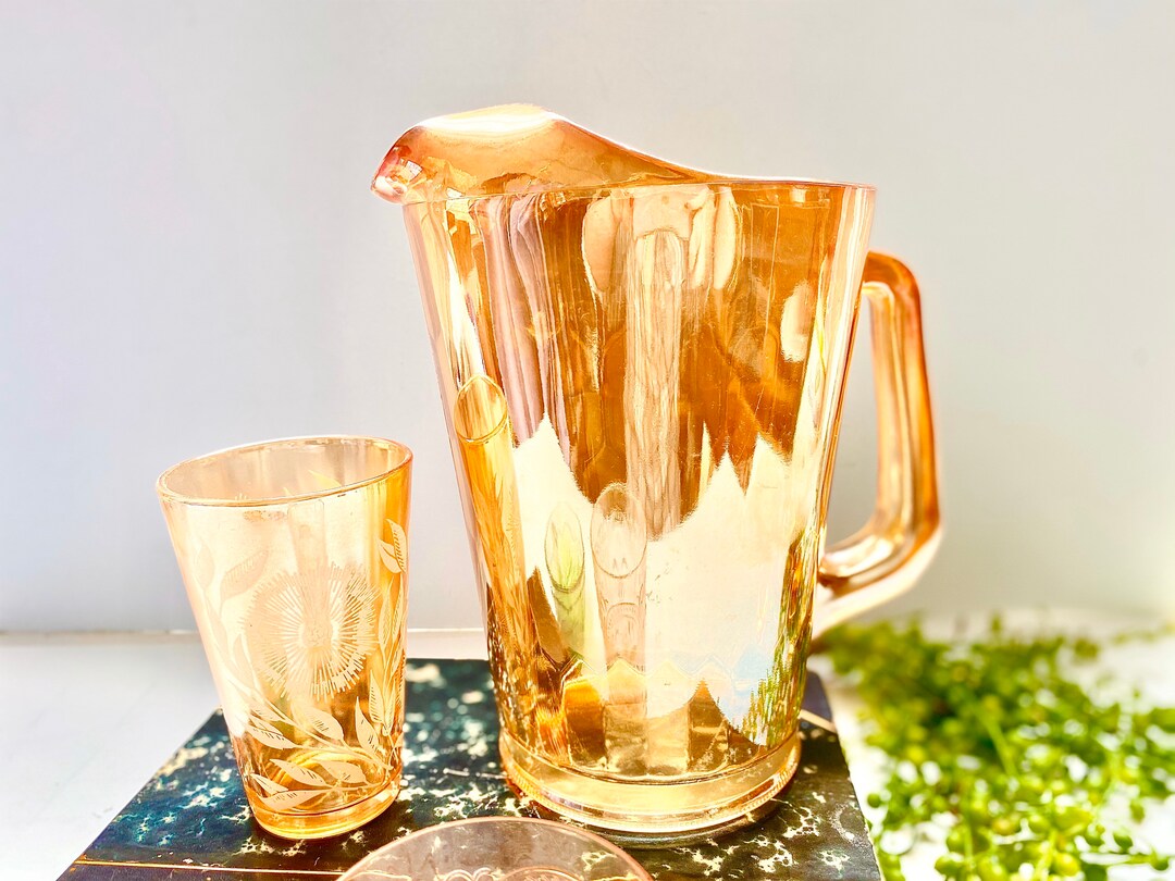 Vintage Iridescent Orange Carnival Glass Pitcher - Iridescent Pitcher ...