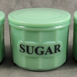 Jadeite GREEN Glass Salt Sugar Coffee Box CANISTER Set Depression Style ...