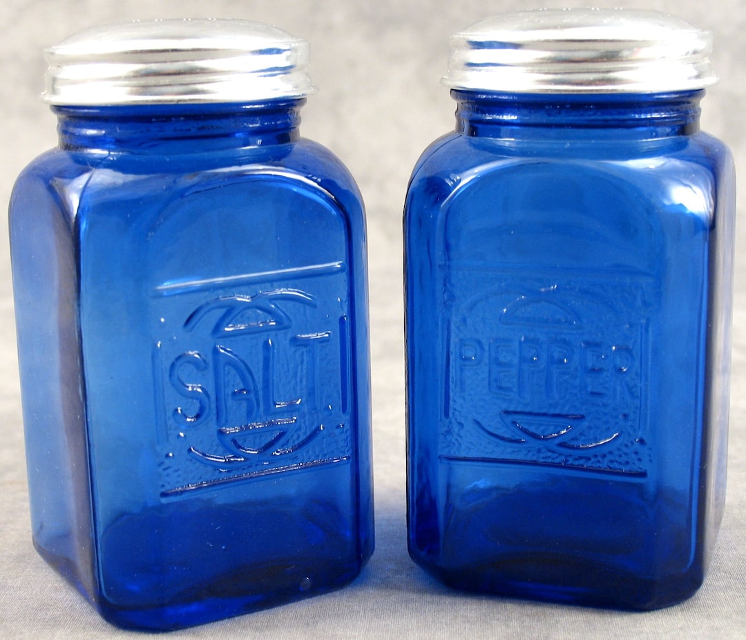 Cobalt BLUE Glass SALT & PEPPER Shaker Set Embossed Lettering - Etsy