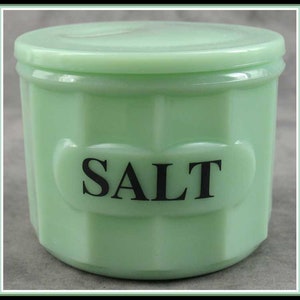 Jadeite GREEN Glass SALT Box CANISTER Lidded Jar Container Depression ...