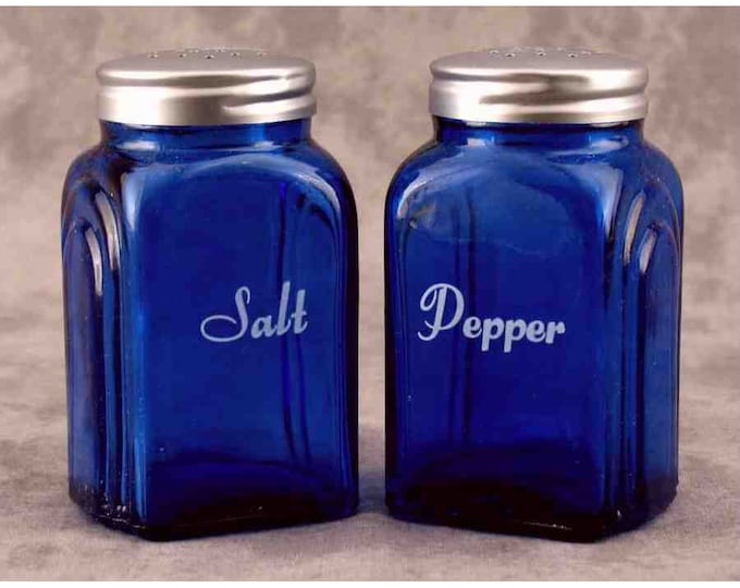 Cobalt BLUE Glass SALT & PEPPER Shaker Set Embossed Lettering Range ...