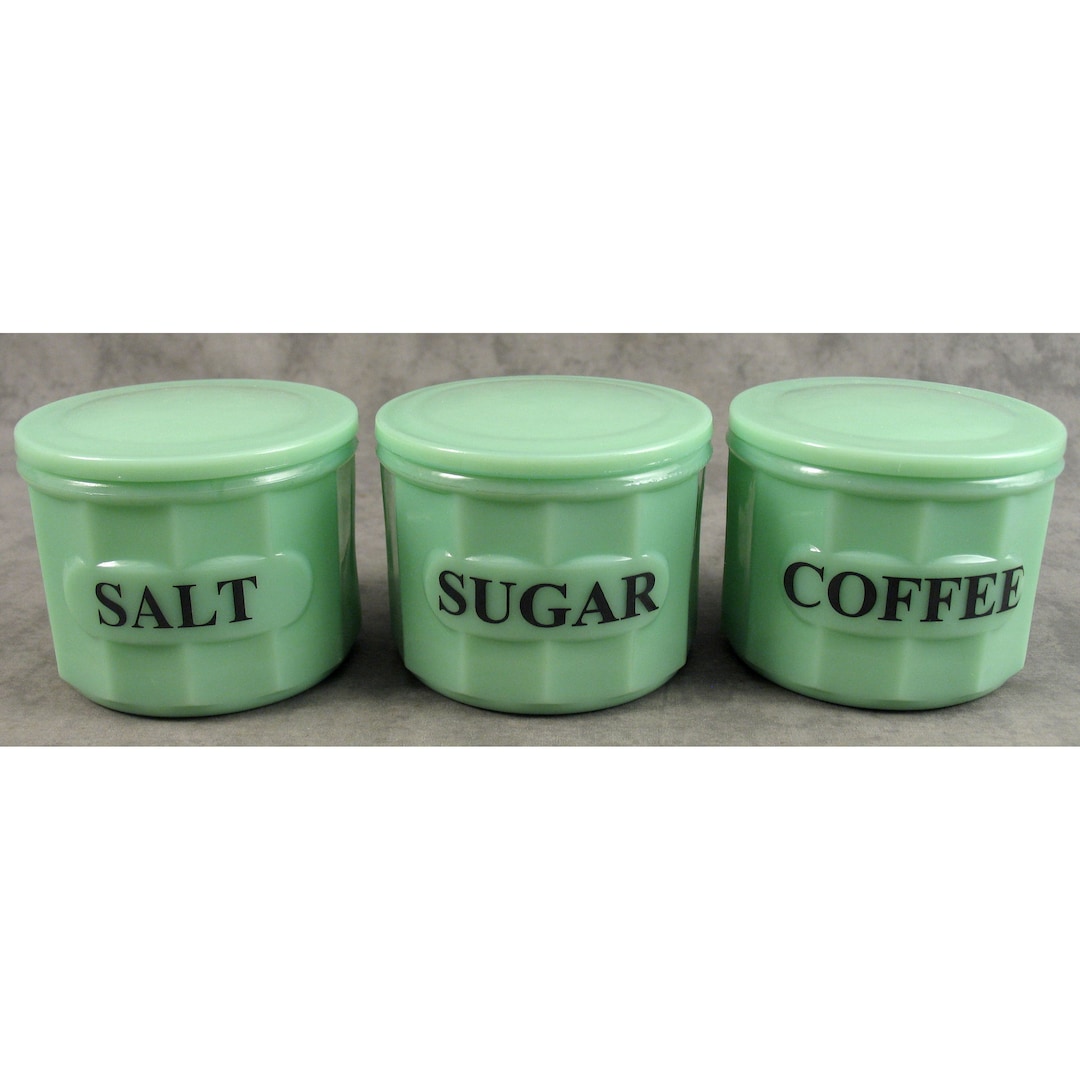 Jadeite GREEN Glass Salt Sugar Coffee Box CANISTER Set Depression Style ...