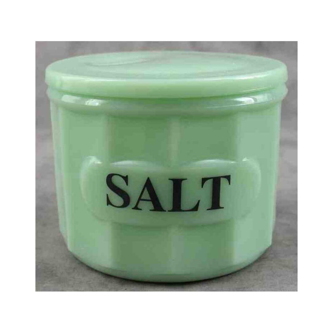 Jadeite GREEN Glass SALT Box CANISTER Lidded Jar Container Depression ...