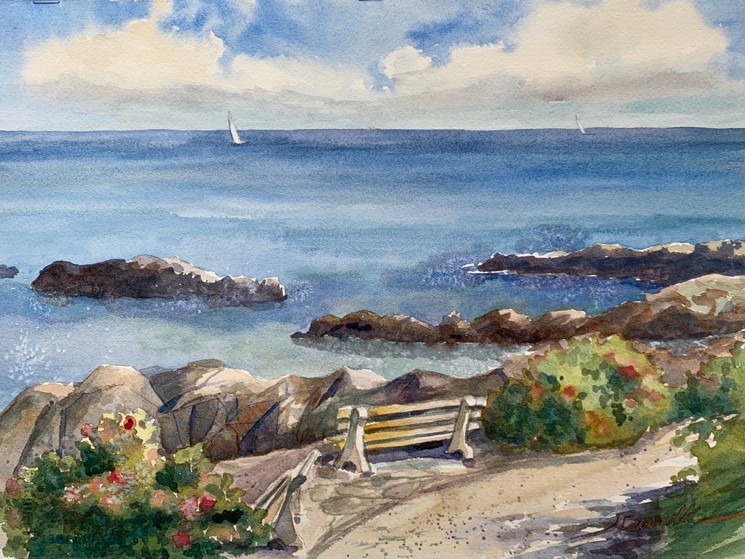 PRINT Marginal Way Benches in Summer Ogunquit Maine Seascape (14”x11 ...