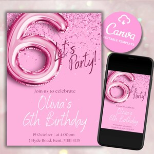 Pink 6th Sparkle Confetti Birthday Invitation Glitter Birthday Party ...
