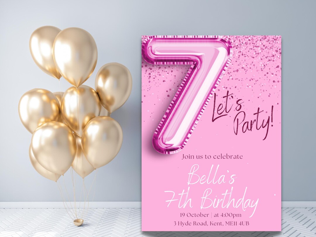Pink 7th Sparkle Confetti Birthday Invitation, Glitter Birthday Party ...