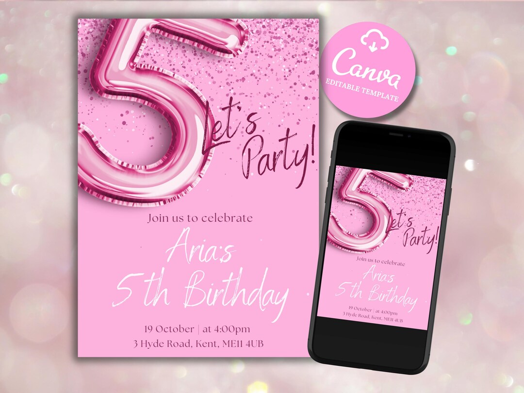 Pink 5th Sparkle Confetti, Birthday Invitation Glitter Birthday Party ...