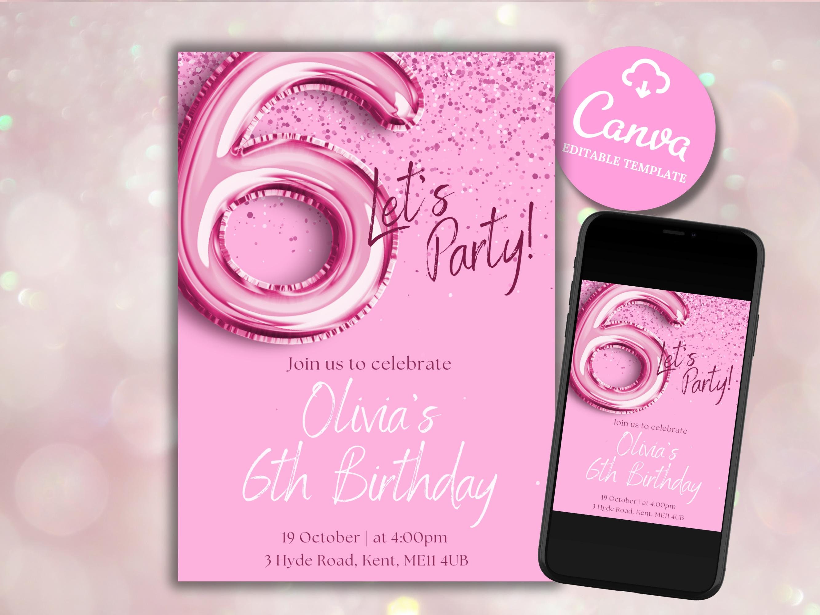 Pink 6th Sparkle Confetti Birthday Invitation Glitter Birthday Party ...