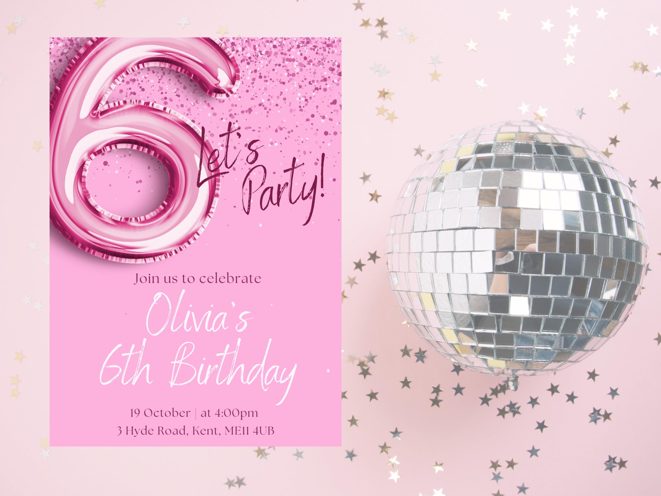 Pink 6th Sparkle Confetti Birthday Invitation Glitter Birthday Party ...