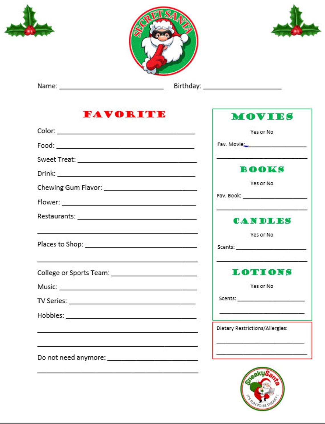 Secret Santa Form - Etsy