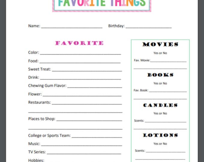 Printable Favorite Things Form - Etsy