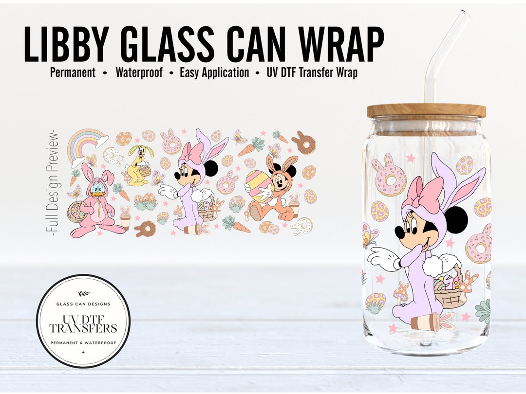 Easter Disney Minnie Mickey Donald Libby Glass Can Wrap Full Cup Wrap 16oz. Glass Can Permanent ...