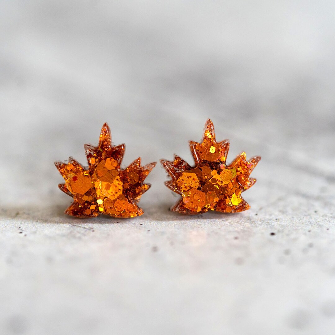 Shiny Maple Leaf Studs: Lightweight Handmade Hypoallergenic Resin ...