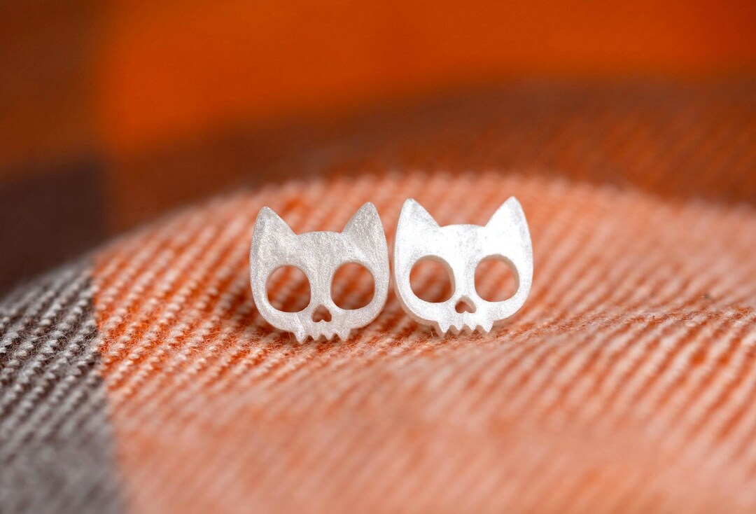 Cat Skull Earrings, Skull Studs, Halloween Earrings, Cat Earrings, Cute ...