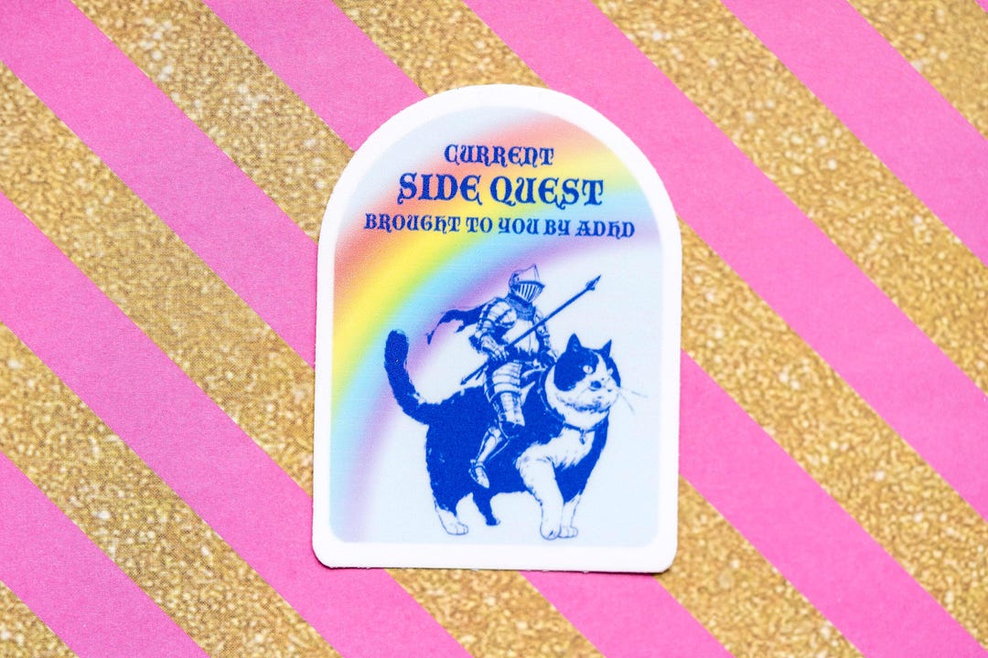 ADHD Side Quest Cat Sticker: Waterproof Vinyl Rainbow Decal - Etsy
