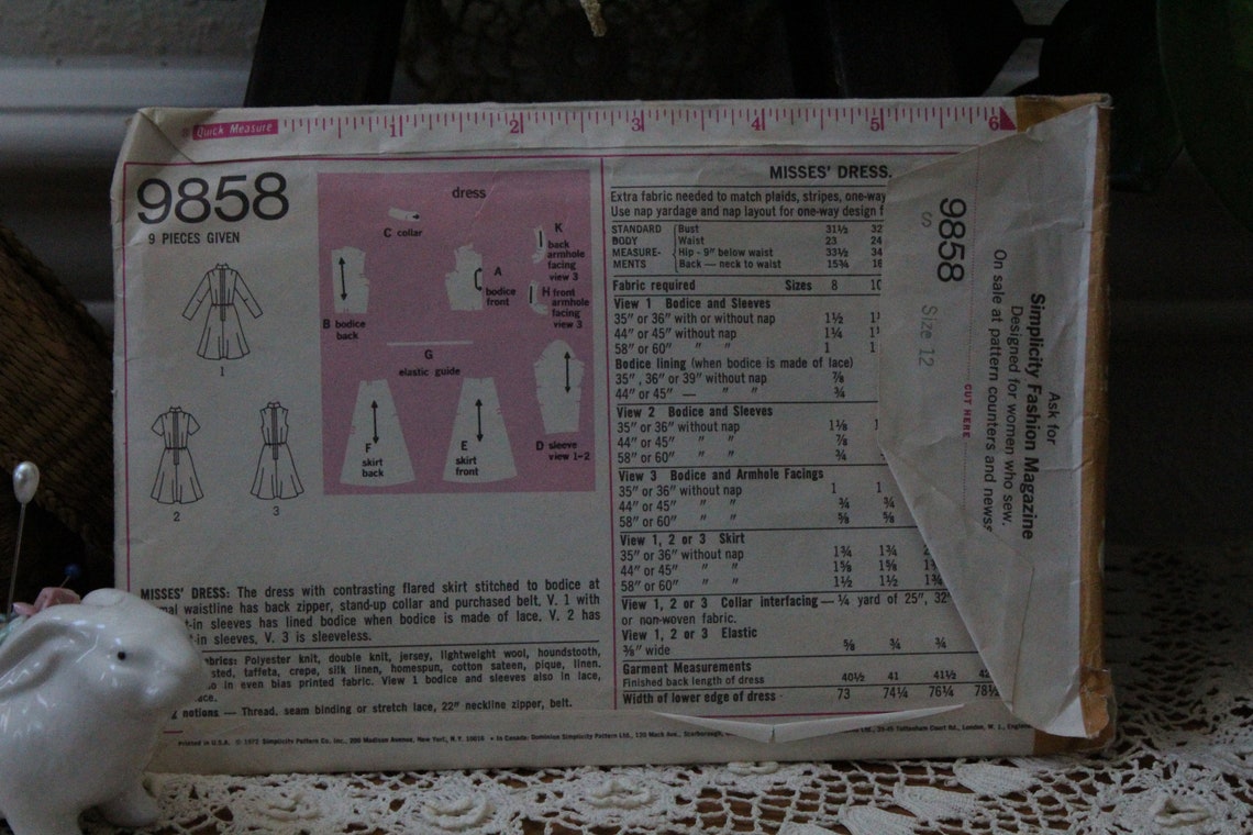 Vintage Simplicity 9858 Sewing Pattern Size 12 1972 - Etsy
