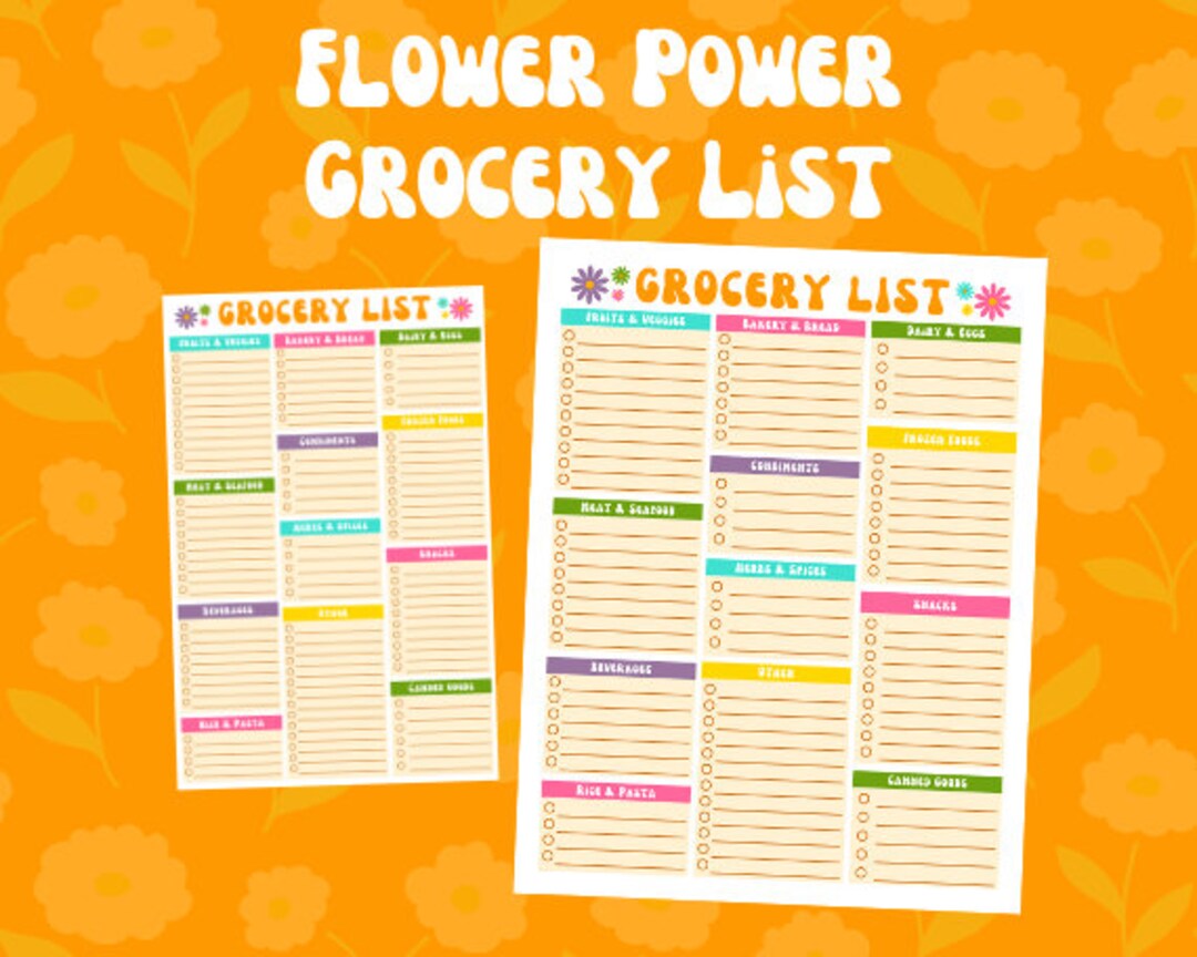 Printable Grocery List, Flower Power Food Planner PDF, Digital Download ...