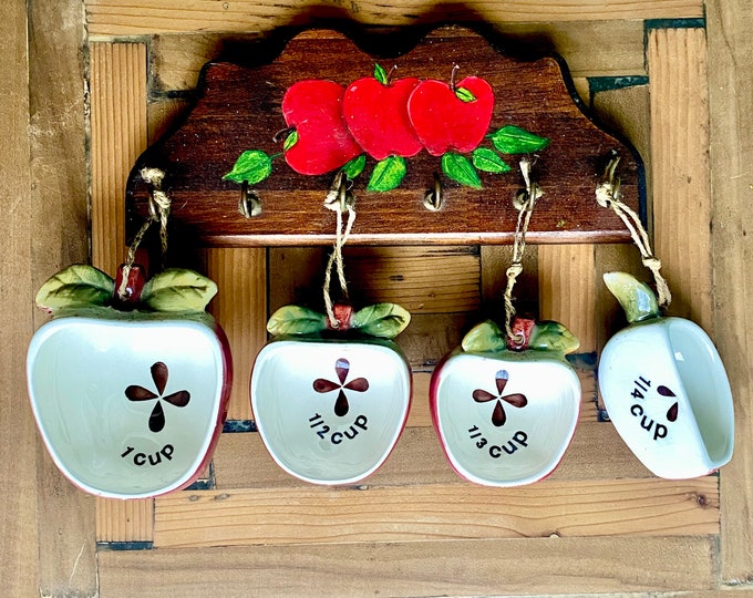 Vtg Ceramic Red Apple Measuring Cup Set With Wall Rack, Hanging ...