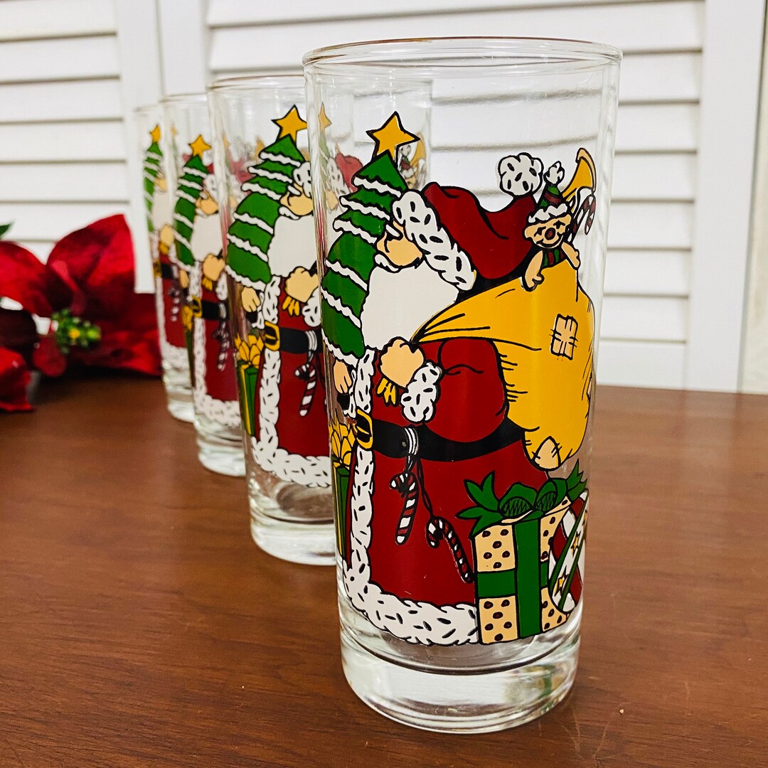 Vtg Seasons Greetings Santa Christmas Glasses Set of 4 Old World ...