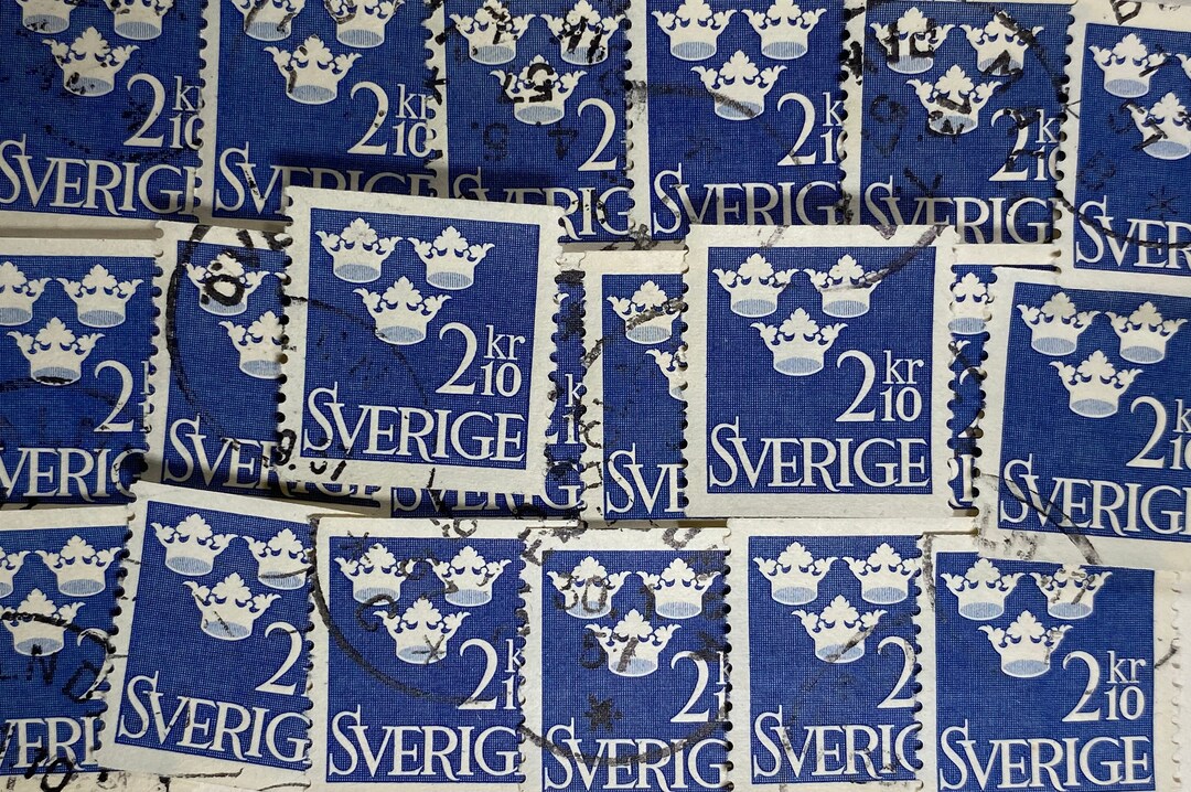 Stamp Art, Blue, Royal Crest, Coat of Arms, 2.10 Kroner, Sweden, Used ...