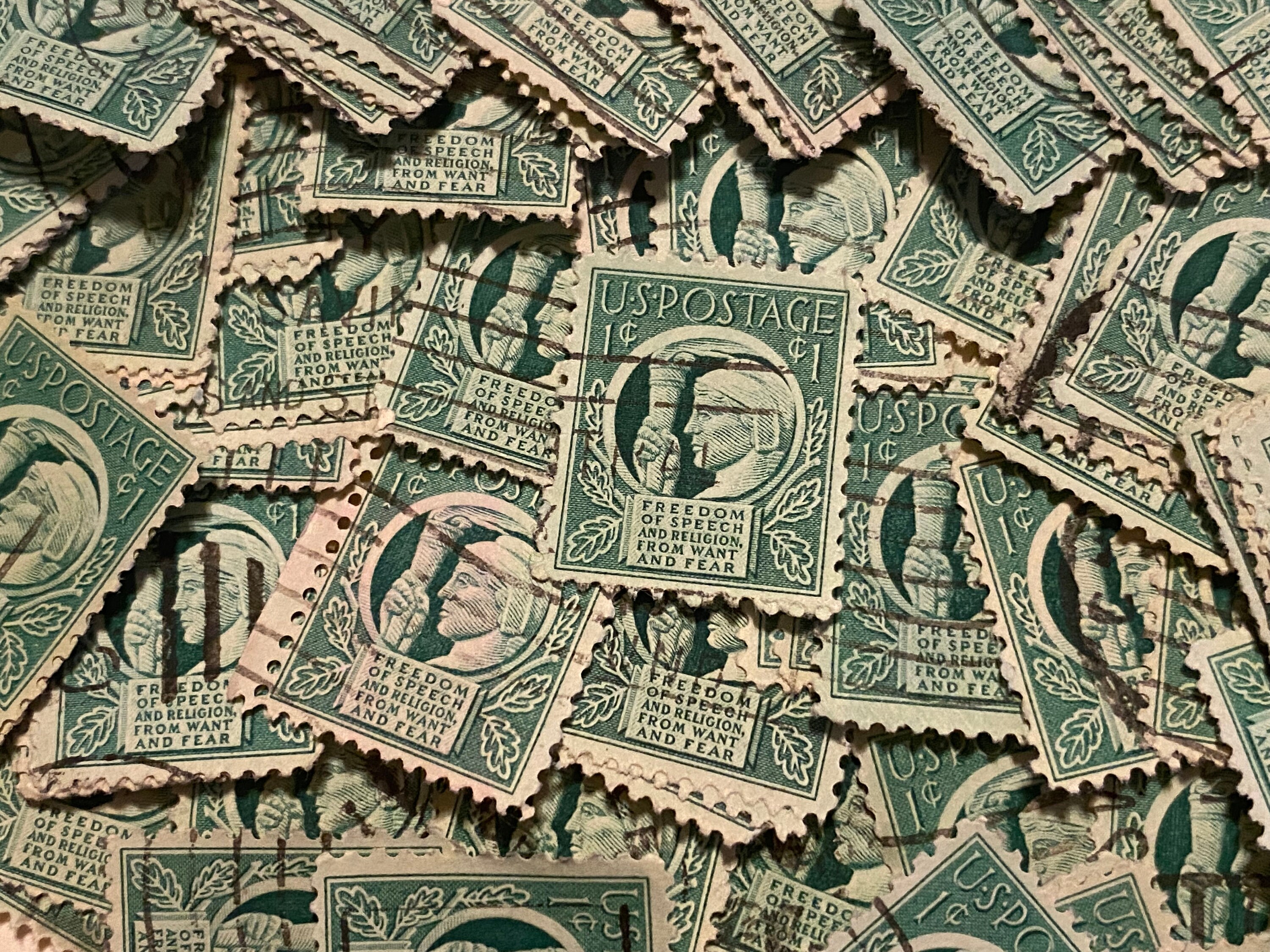 Stamp Art, Green, Freedom of Speech and Religion From Want and Fear ...