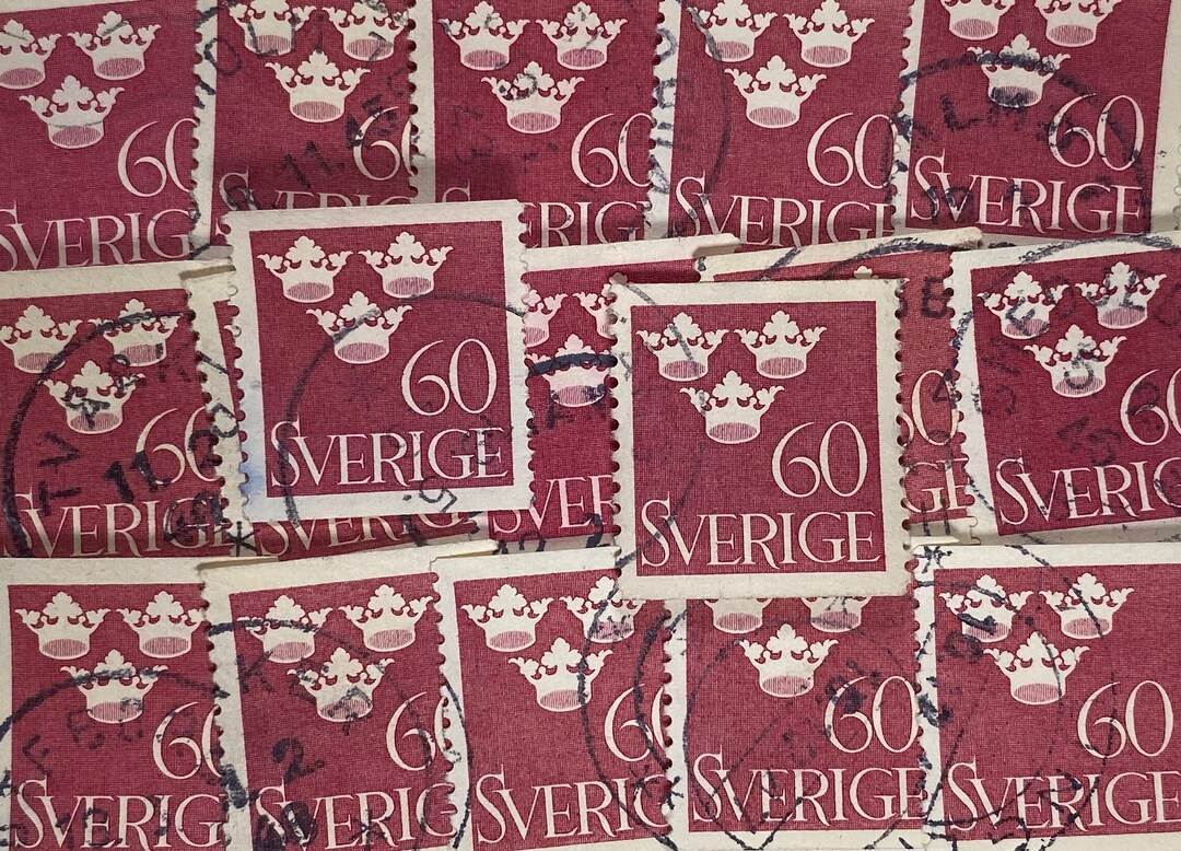 Stamp Art, Red, Royal Crest, Coat of Arms, 0.60 Kroner, Sweden, Used ...