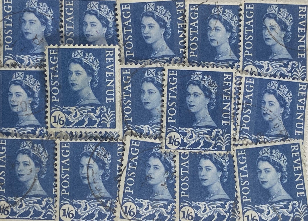 Stamp Art, Blue, Queen Elizabeth II, 1 Shilling 6 Decimal, Great ...