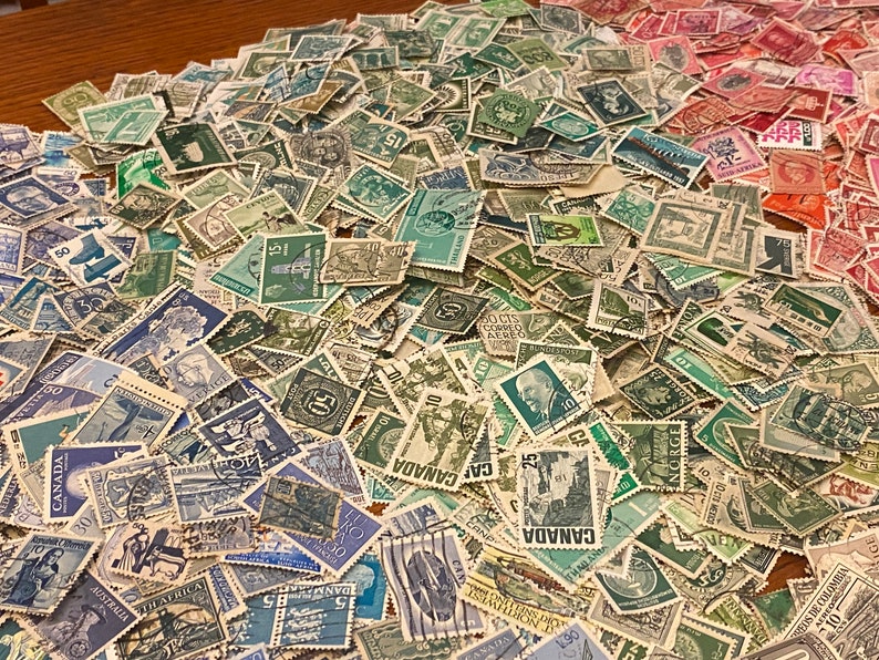 Stamp Art, Vintage Stamps Sorted by Color, Many Duplicates, 100 Stamps ...
