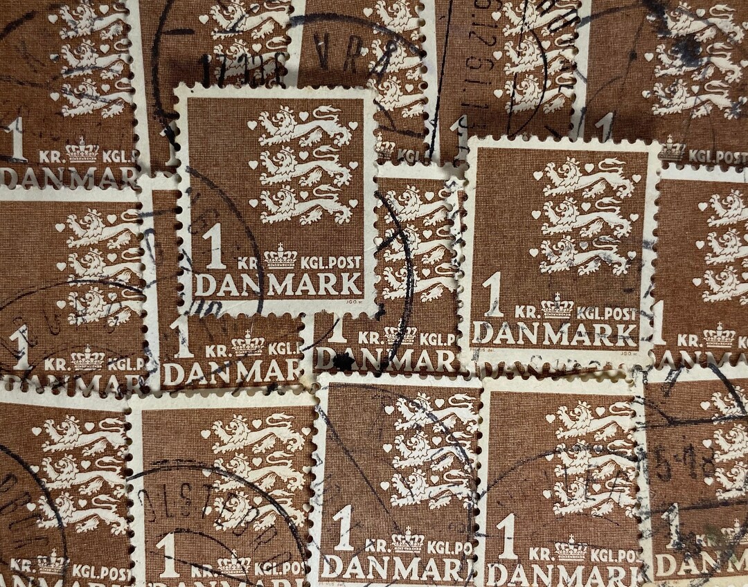 Stamp Art, Brown, Royal Crest, Coat of Arms, 1 Kroner, Denmark, Used ...