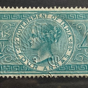 Queen Victoria Stamps, 1868, 4 Anna, India Special Adhesive Revenue Stamp, Victorian Era Design ...