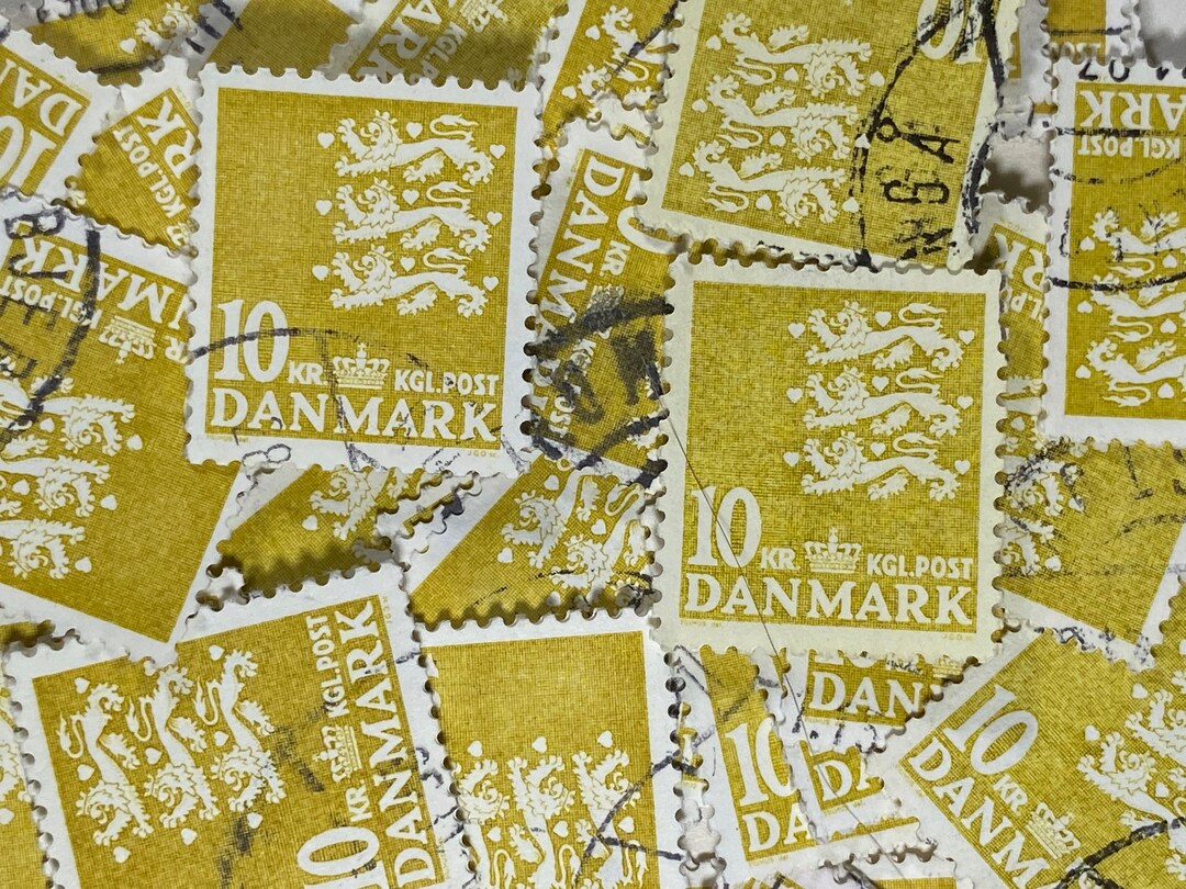 Stamp Art, Yellow, Royal Crest, Coat of Arms, 10 Kroner, Denmark, Used ...
