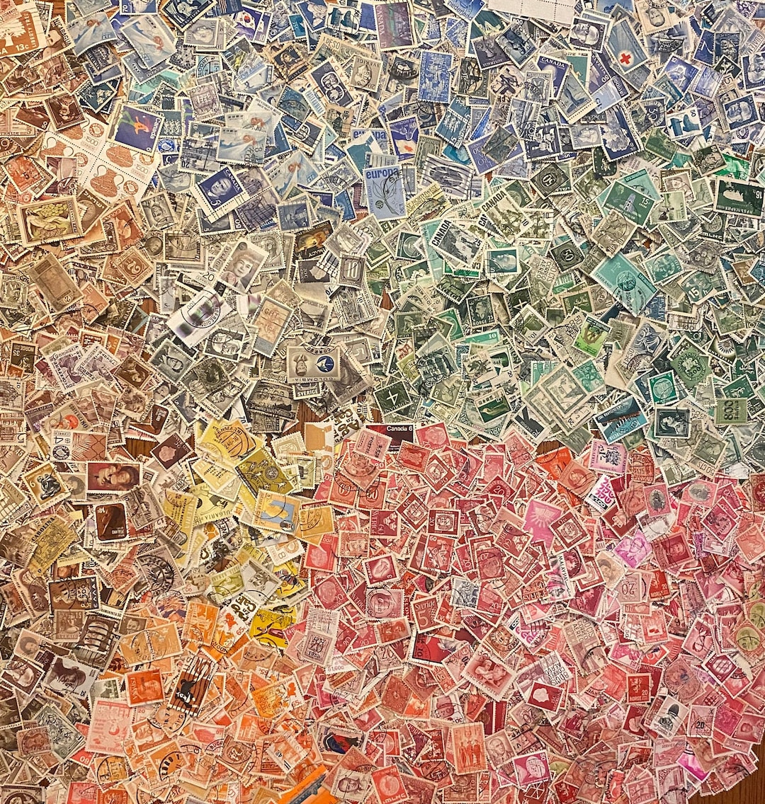 Stamp Art, Vintage Stamps Sorted by Color, Many Duplicates, 100 Stamps ...