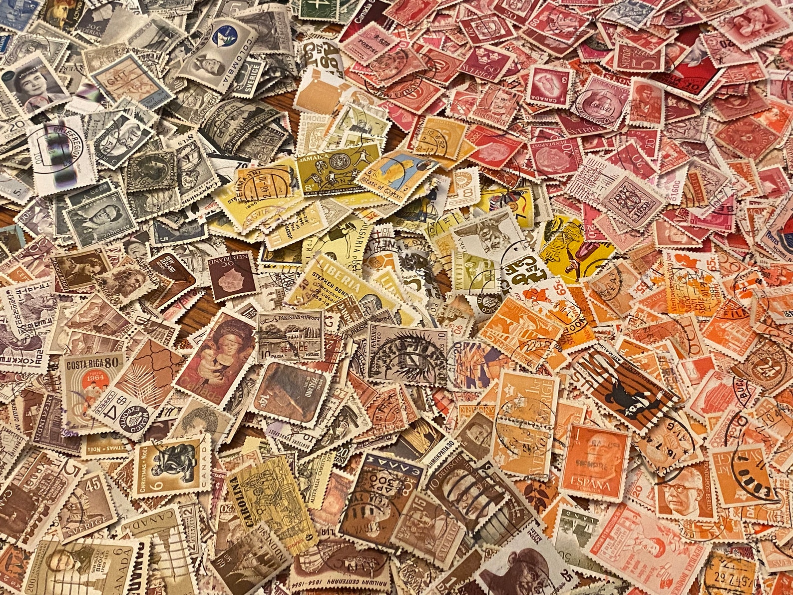 Stamp Art, Vintage stamps sorted by color, many duplicates, 100 stamps ...