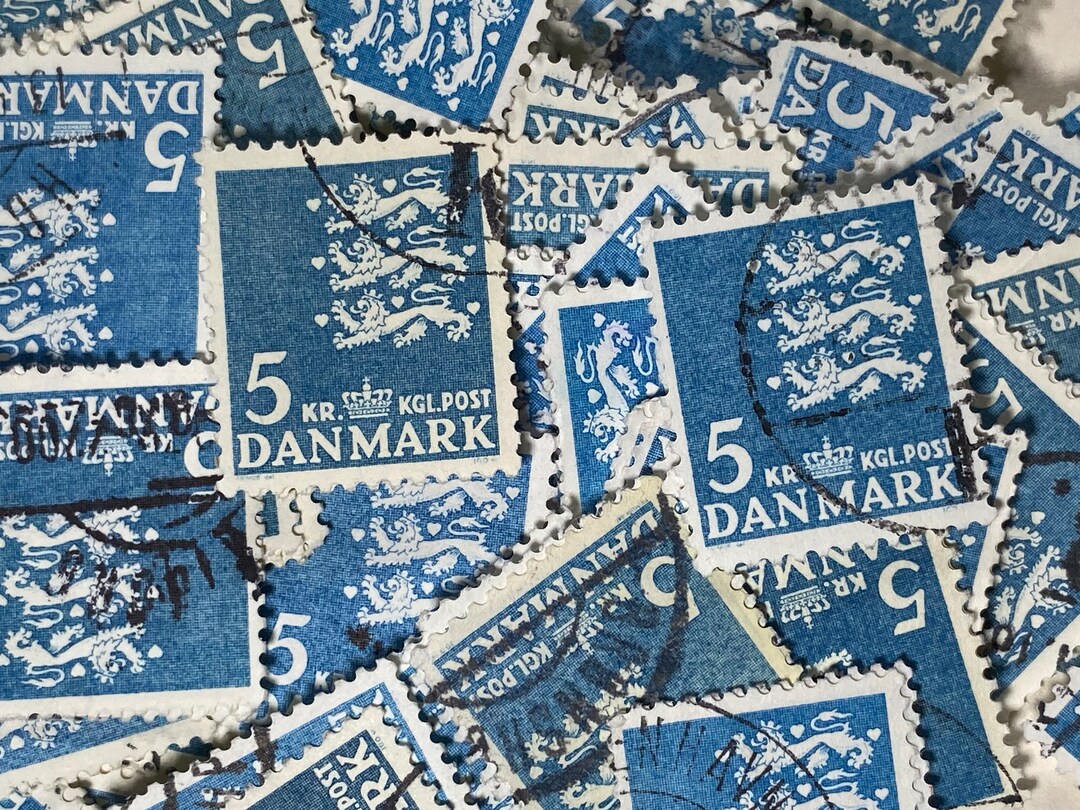Stamp Art, Blue, Royal Crest, Coat of Arms, 5 Kroner, Denmark, Used ...