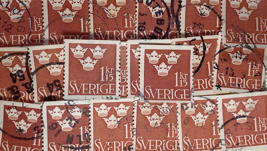 Stamp Art, Red, Royal Crest, Coat of Arms, 1.15 Kroner, Sweden, Used ...