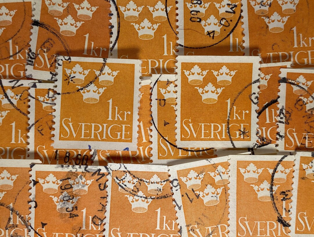 Stamp Art, Orange, Royal Crest, Coat of Arms, 1 Kroner, Sweden, Used ...