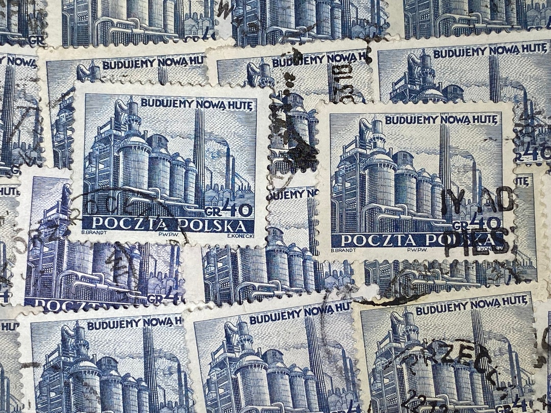 Stamp Art, Blue, Budijiemy Nowa Hute, Oil Industry, 40 GR, Poland ...