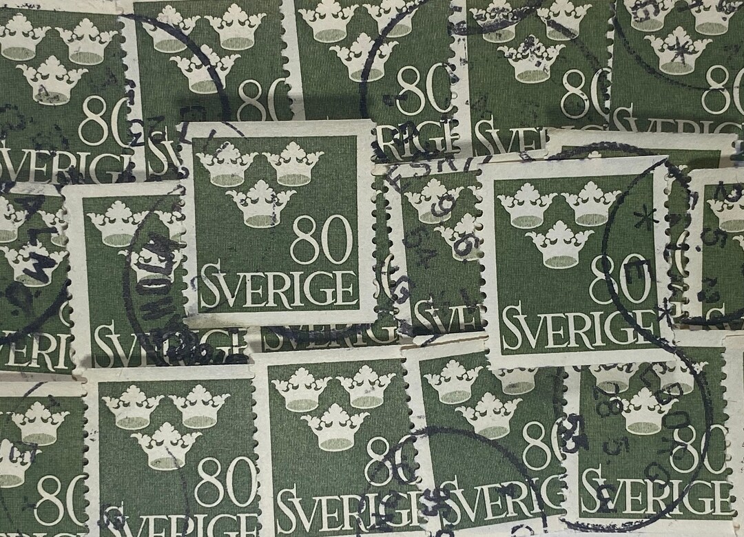 Stamp Art, Dark Green, Royal Crest, Coat of Arms, 0.80 Kroner, Sweden ...