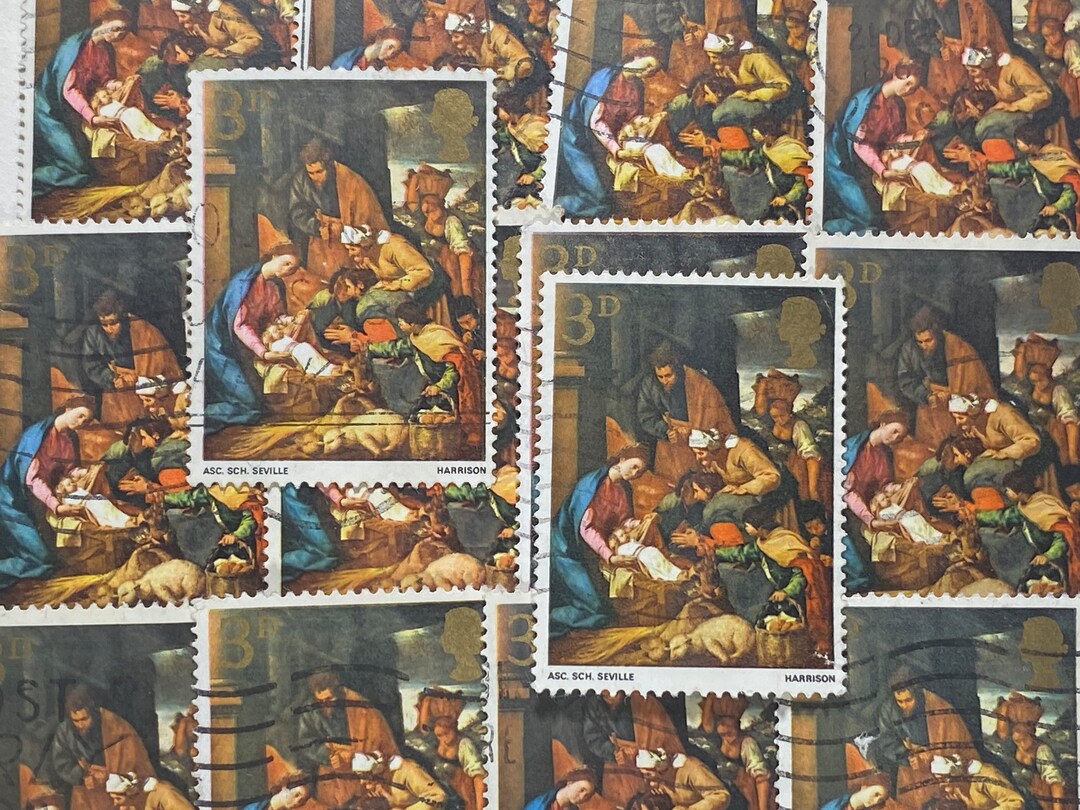 Stamp Art, Painting, Manger Scene, Christmas, 3 Decimal, Great Britain ...