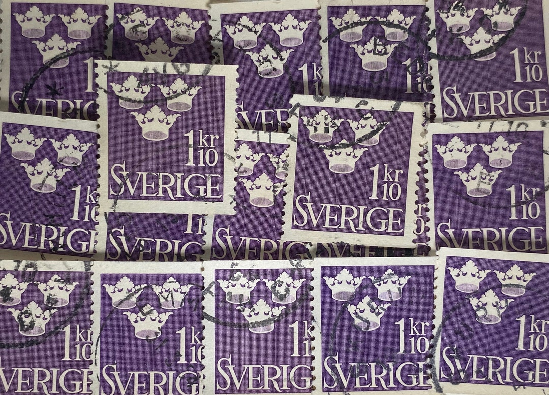 Stamp Art, Purple, Royal Crest, Coat of Arms, 1.10 Kroner, Sweden, Used ...