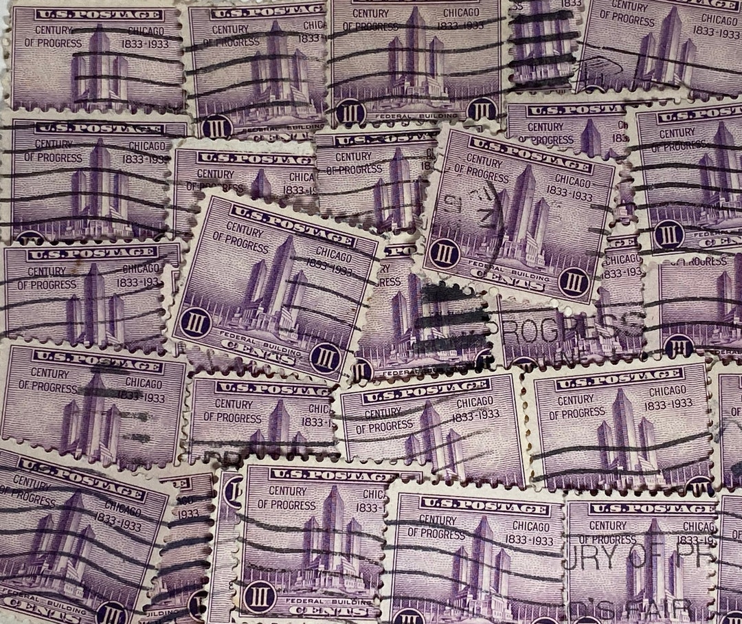Stamp Art, Purple, Chicago 1833-1933, Federal Building, 3 Cents, USA ...
