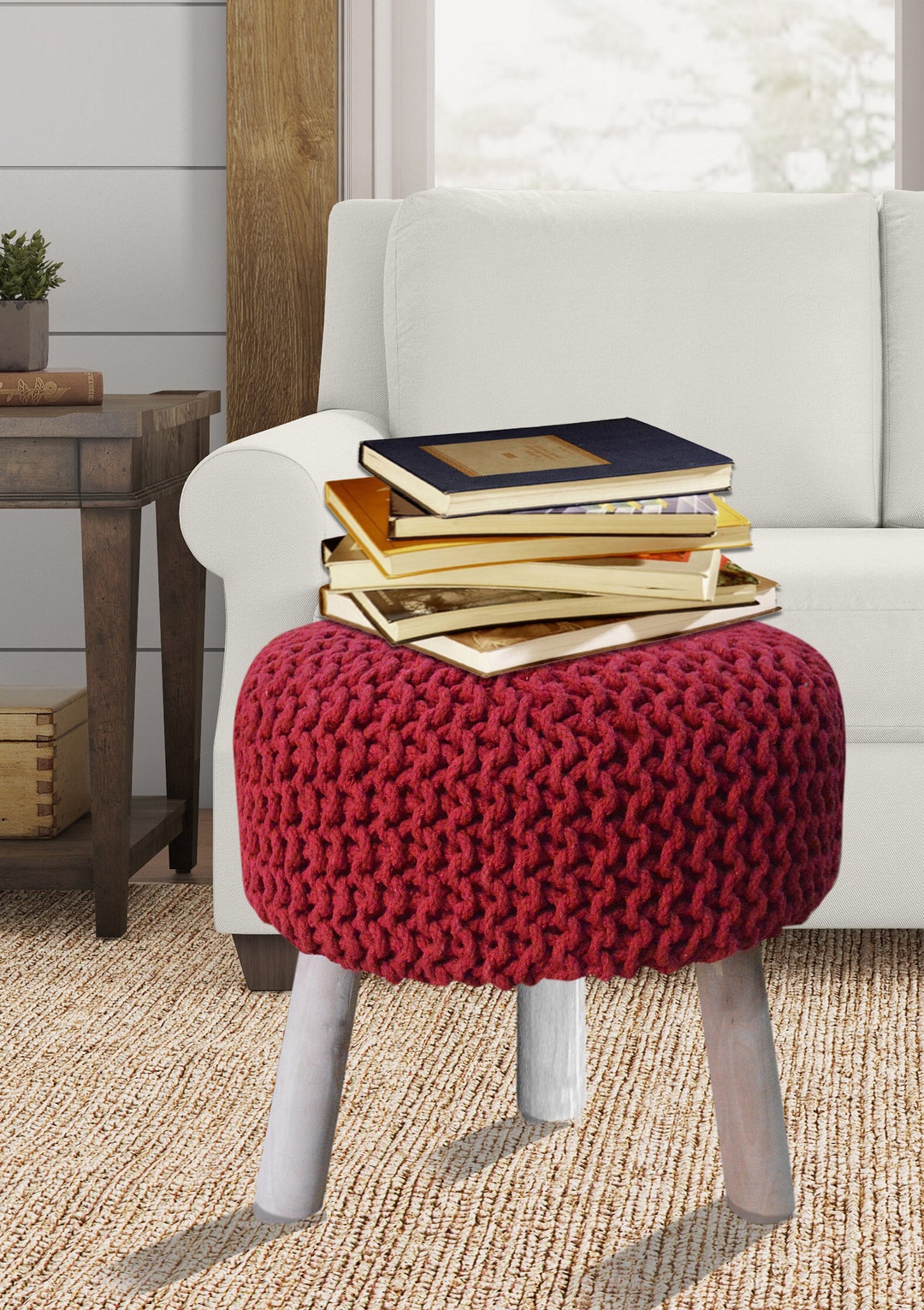 Round Nautral Hand Knit Pouf Floor Ottoman Cotton Braid Cord Wooden ...