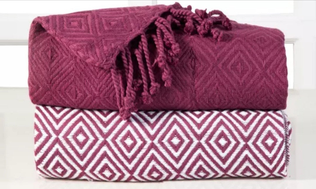 100% Luxurious Cotton Diamond Throw Blanket in Burgundy 50x60 Inch Set ...