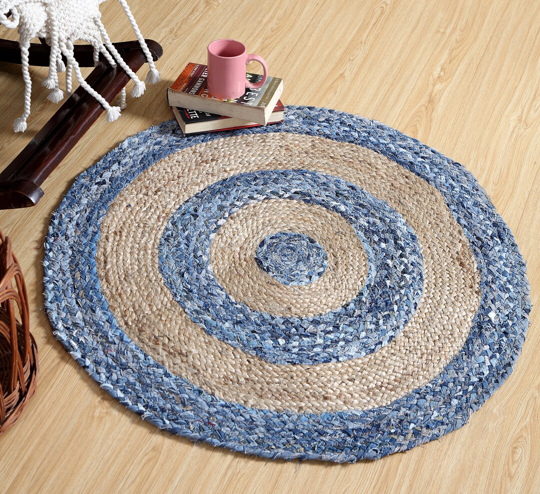 3' Hand Woven Braided 100% Cotton Area Rug in Multi Color Jute Denim - Etsy