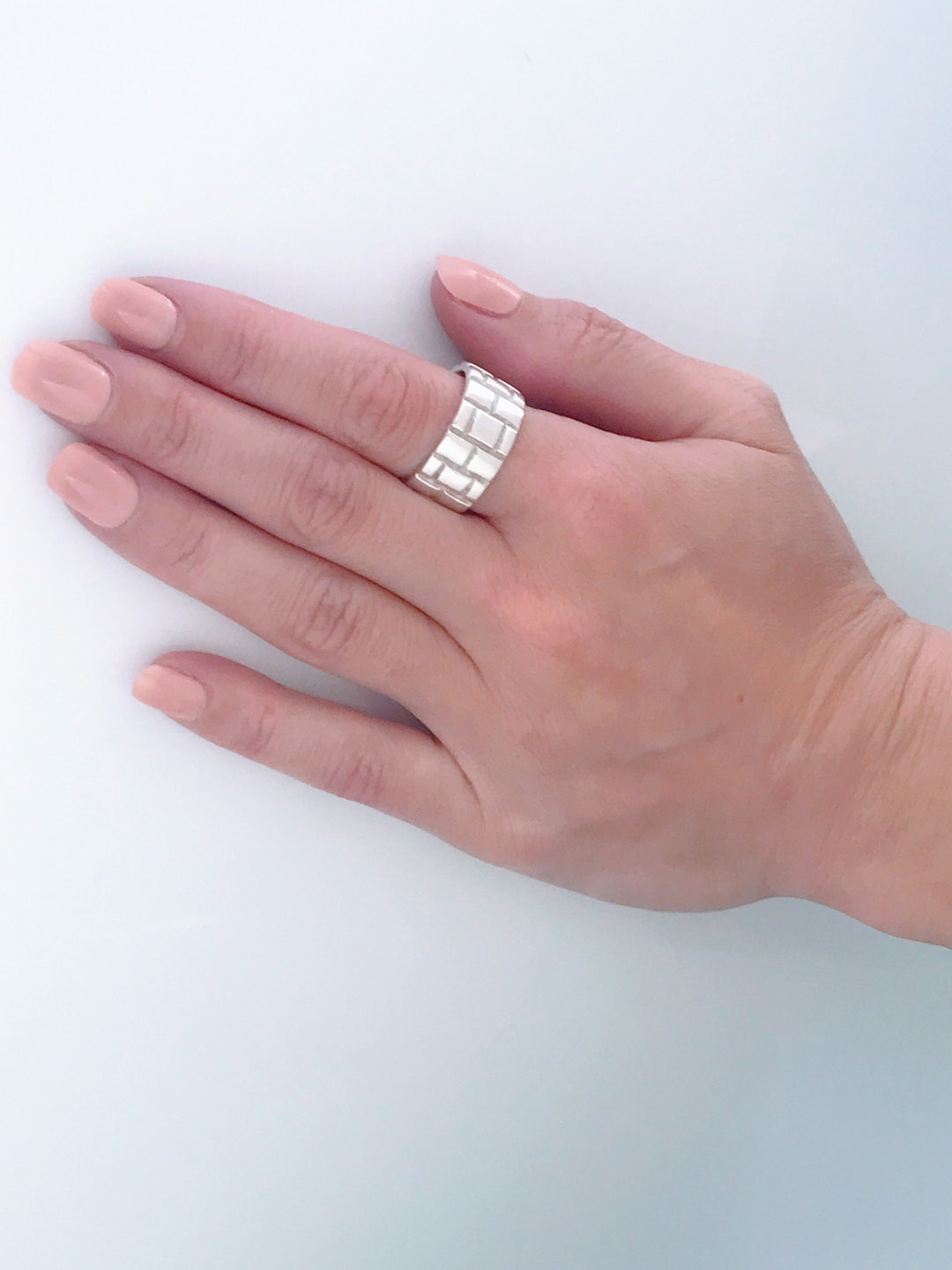 Versani Thick Heavy Wide Sterling Silver Band Ring, Designer Modern Geometric Row Cut Groove ...