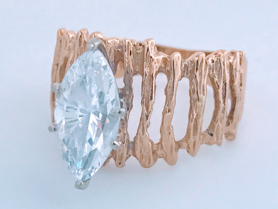 Vintage Brutalist 10k Yellow Gold Clear CZ Stone Ring, Retro 10K Gold ...