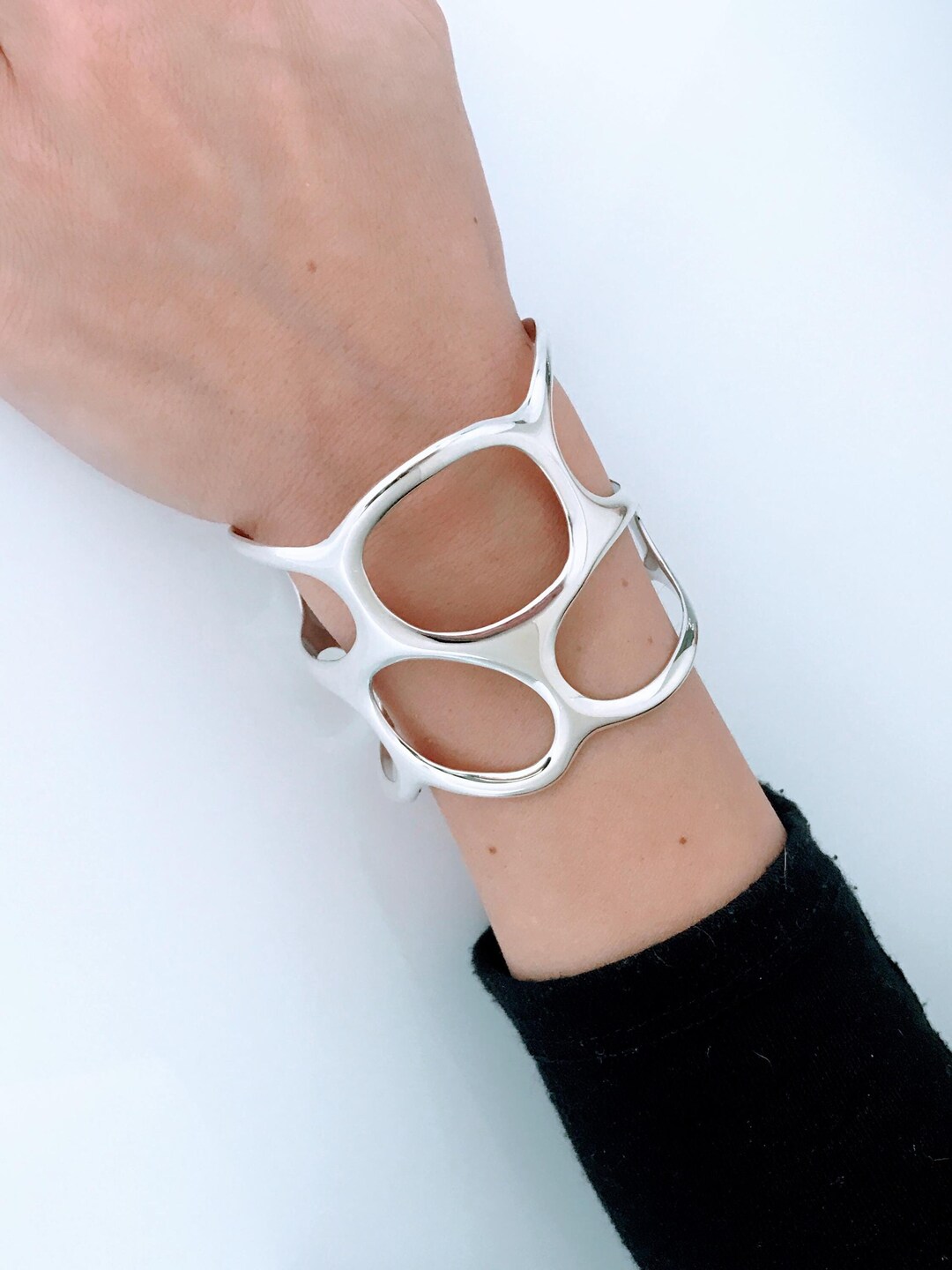 Vintage Artisan Wide Modernist Cut Out Circles Cuff Bracelet 925 Sterling Silver, Retro Chunky ...