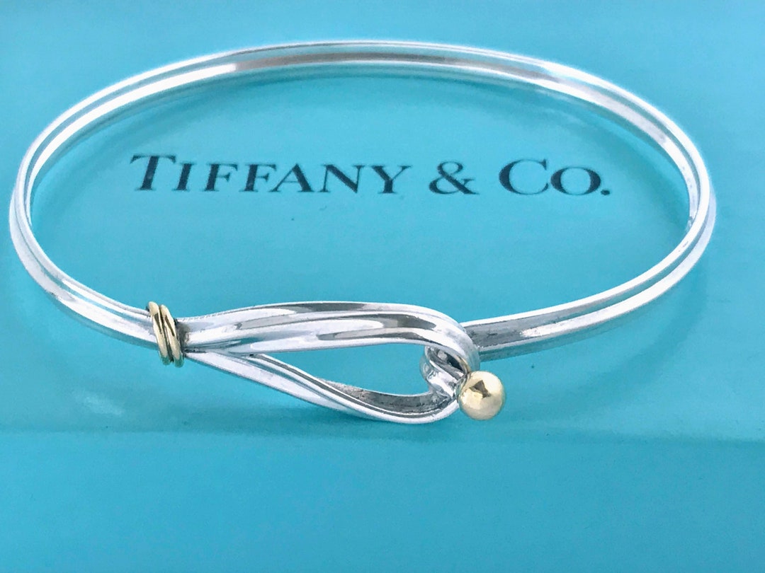 Tiffany & Co. Sterling Silver 18k Yellow Gold Loop Hook Bangle Bracelet, Rare Authentic Tiffany ...