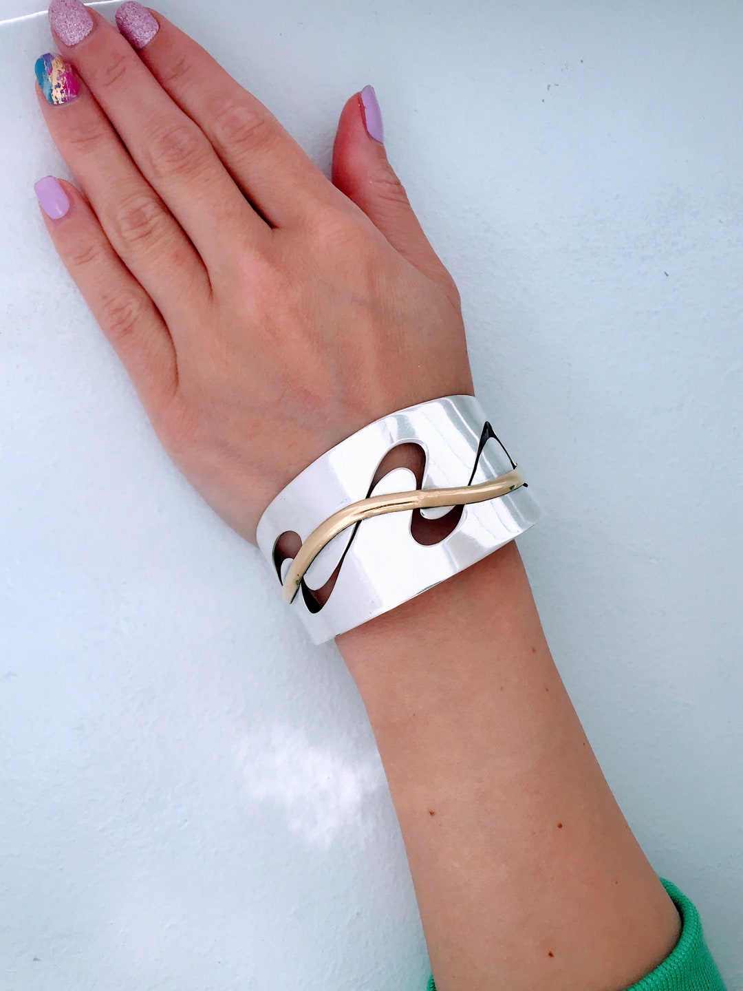 Vintage Taxco Mexico Modernist 925 Sterling Silver Two Tone Wave Cuff ...