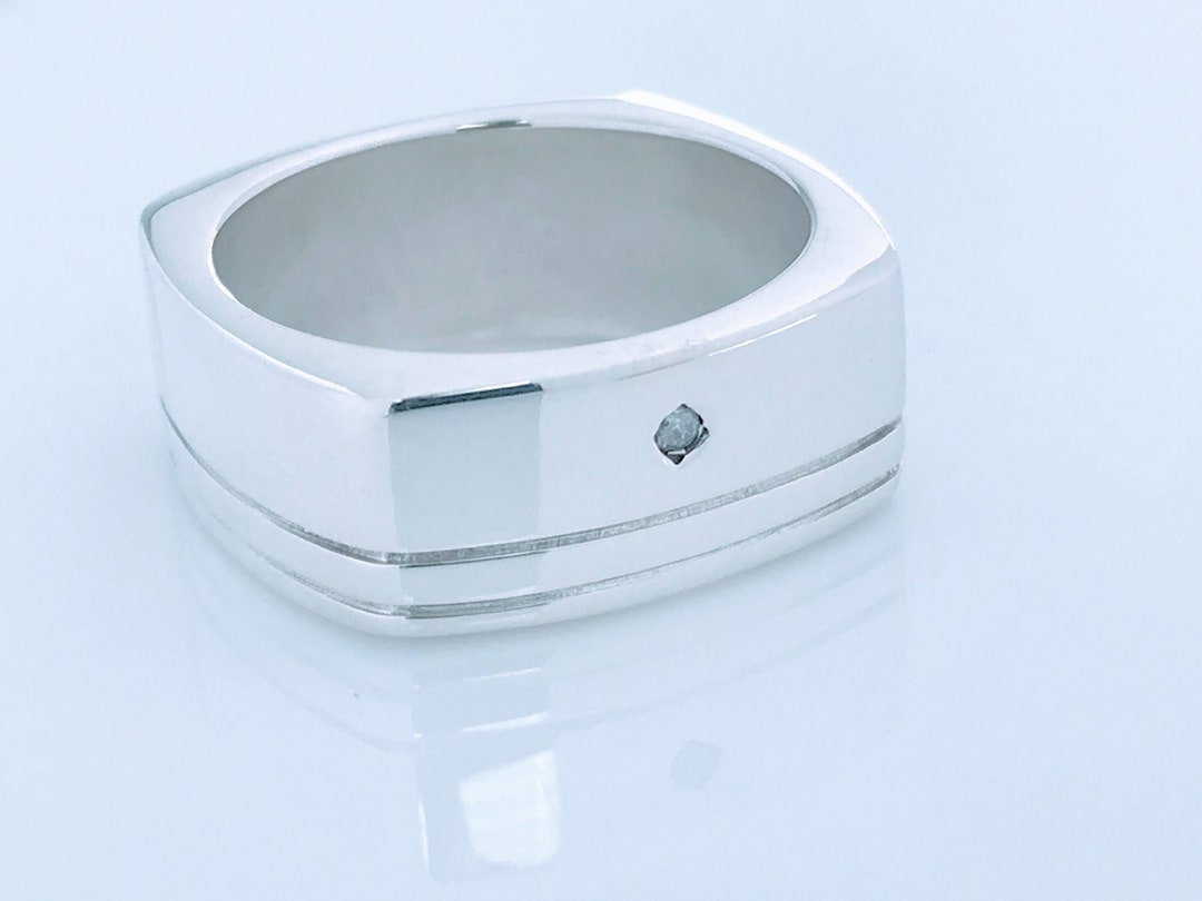Vintage Modern Square Groove Solid Band 925 Sterling Silver Diamond ...